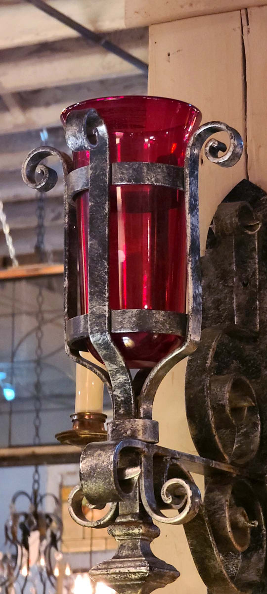 Large Vintage Gothic/Tudor Candle Wall Sconce with Red Glass Sanctuary ...
