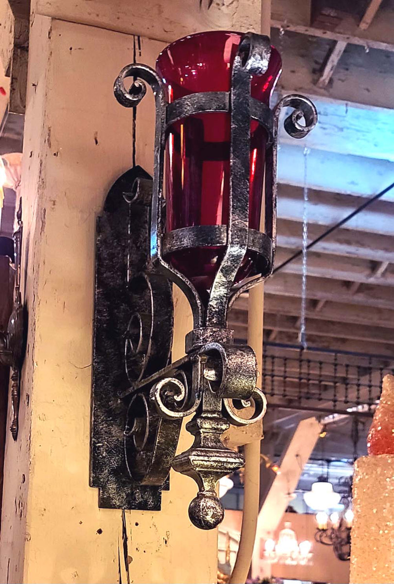 Large Vintage Gothic/Tudor Candle Wall Sconce with Red Glass Sanctuary ...